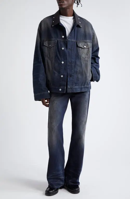 Acne Studios Leather Collar Oversized Denim Jacket In Dark Blue